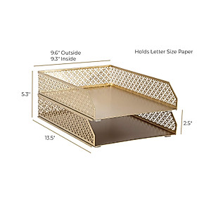 Blu Monaco Gold Desk Organizer Stackable Paper Tray Set of 2 - Metal Two Tier Tray - Stackable Letter Tray - Inbox Tray for Desk