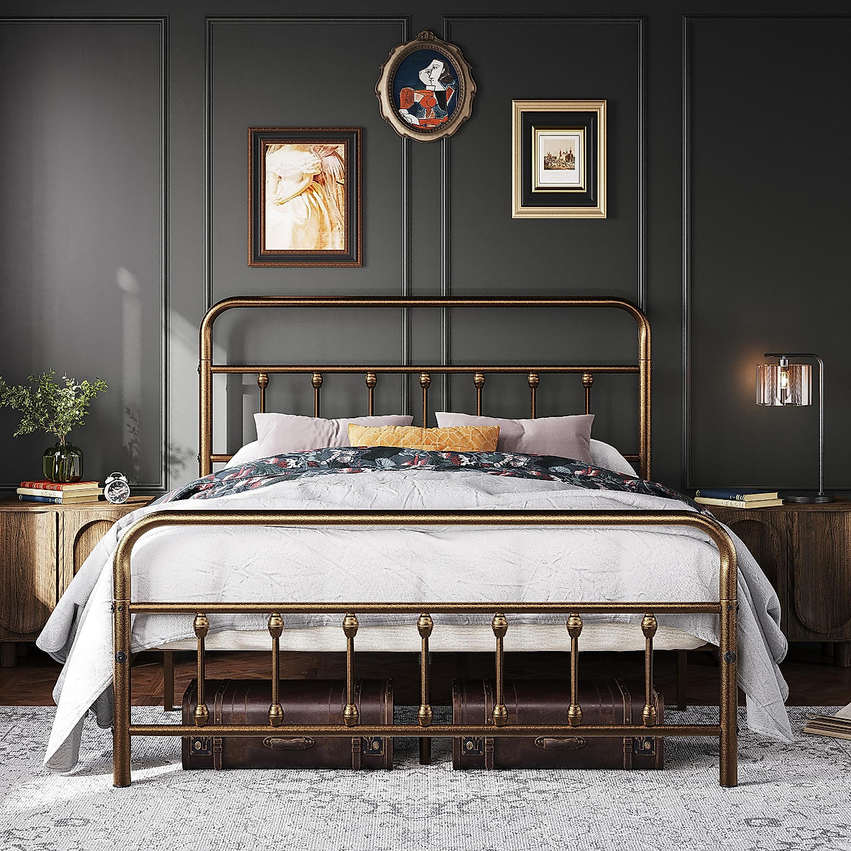 Topeakmart Queen Size Victorian Style Metal Bed Frame with Headboard/Mattress Foundation/No Box Spring Needed/Under Bed Storage/Strong Slat Support Bronze