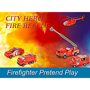 BOHS 5-Pack Fire & Emergency Rescue Vehicles Set - Die-Cast Metal Miniatures - Aerial Ladder Firetruck, Rescue Helicopter, Water Tank Fire Engine, Patrol Car & Command Center