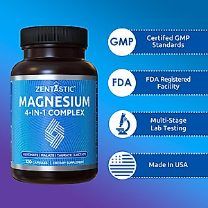 Zentastic 4-in-1 Magnesium Complex - Chelated Magnesium Glycinate, Malate, Taurate & Lactate - High Absorption for Nerves, Immune, Bones, Muscles - Magnesium Supplement - 120 Magnesium Capsules