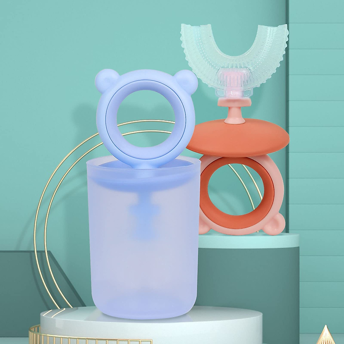 COLOROUND 2 Pack Kids U Shaped Toothbrush for Toddlers Age 2-6, Silicone Baby Toothbrush with Storage Cup, Baby Manual Training Toothbrush 360° Oral Teeth Care for Children