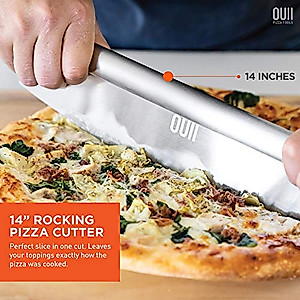 OUII Pizza Peel Aluminum Metal Pizza Paddle - 12 x 14 inch. Pizza Cutter Rocker 14'' Blade Pizza Spatula for Pizza Stone, Pizza Oven Accessories. Pastry, Dough, Bread Peel and Rocker Knife Pizza Tools