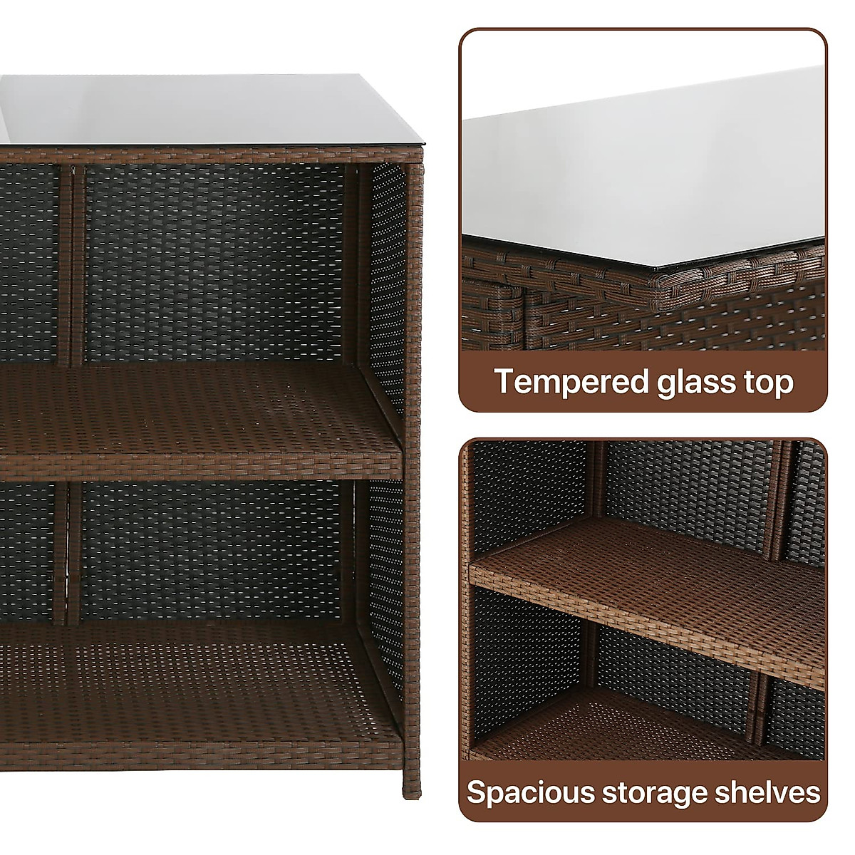 3-Piece Patio Bar Set Outdoor Wicker Bar Set All-Weather Rattan Bar Table Set Outdoor Furniture Set w/2 Stools, Glass Top Table and 2 Thick Cushion for Patios Backyards Porches Gardens Poolside, Khaki