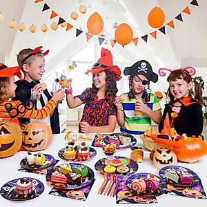 SCIONE 96 Pcs Halloween Party Supplies, Purple Halloween Plates and Napkins Trick Or Treat Tableware Set, Happy Halloween Holiday Pumpkin Ghost Dinnerware Party Decorations Serve 24 Guests