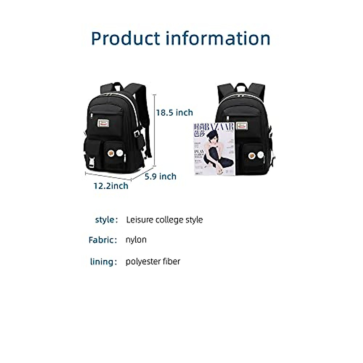 Women Girls' schoolbag leisure backpack Student College Backpack Travel Daypack 15.6 Inch Laptop Backpacks (Black)