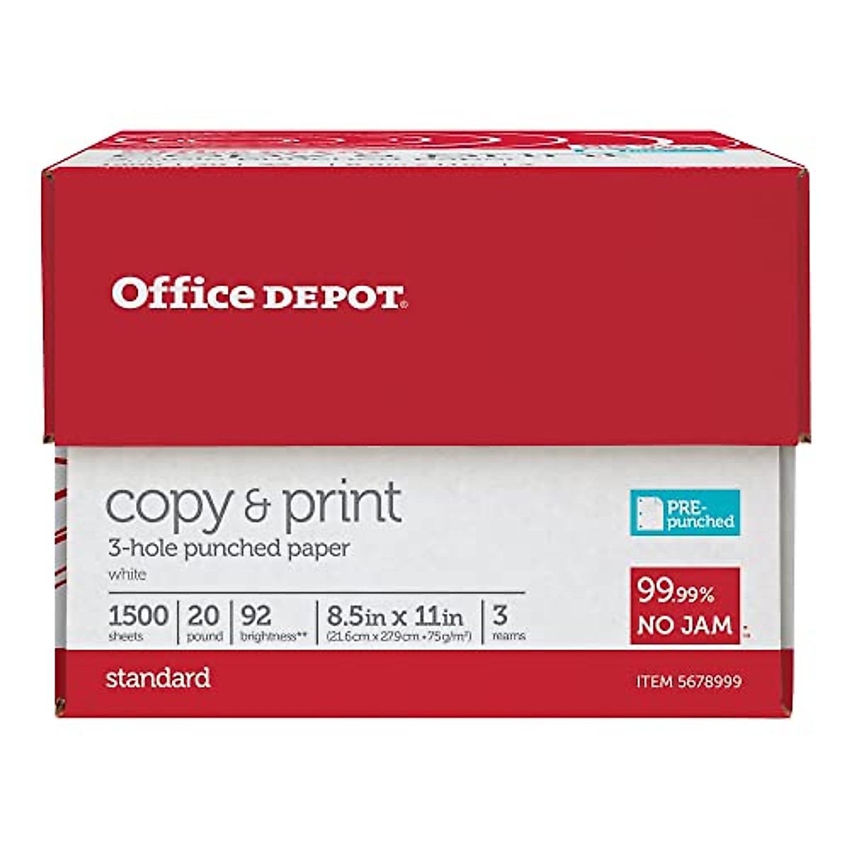Office Depot® Brand 3-Hole Punched Multi-Use Print & Copy Paper, Letter Size (8 1/2" x 11"), 92 (U.S.) Brightness, 20 Lb