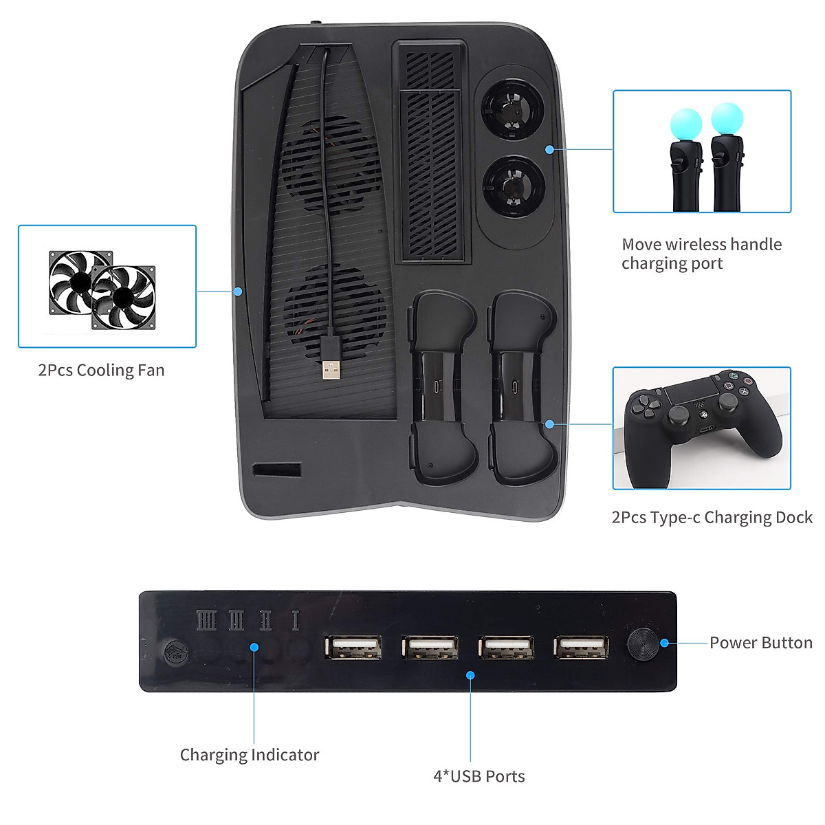 PS5 controller charger，Multifunctional PS5 cooling base,Cooler Fan for PS5 console, Improve the operational life span， Dual handles can be charged at the same time