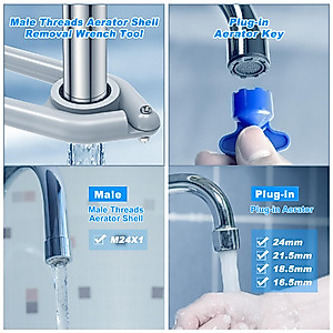 Faucet wrench, Aerator Key, Faucet Aerator removal tool, With Aerator Shell Removal Tool, Replacement Cache Aerators for Sink M 16.5, 18.5, 21.5, 24 mm Tap Aerators Flow Restrictor.