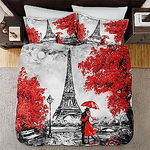 Duvet Cover Queen Size, Painting Paris City Eiffel Bedding Set with Zipper Closure for Kids and Adults, Tower Red Love Comforter Cover with 2 Pillow Shams for Bedroom Bed Decor