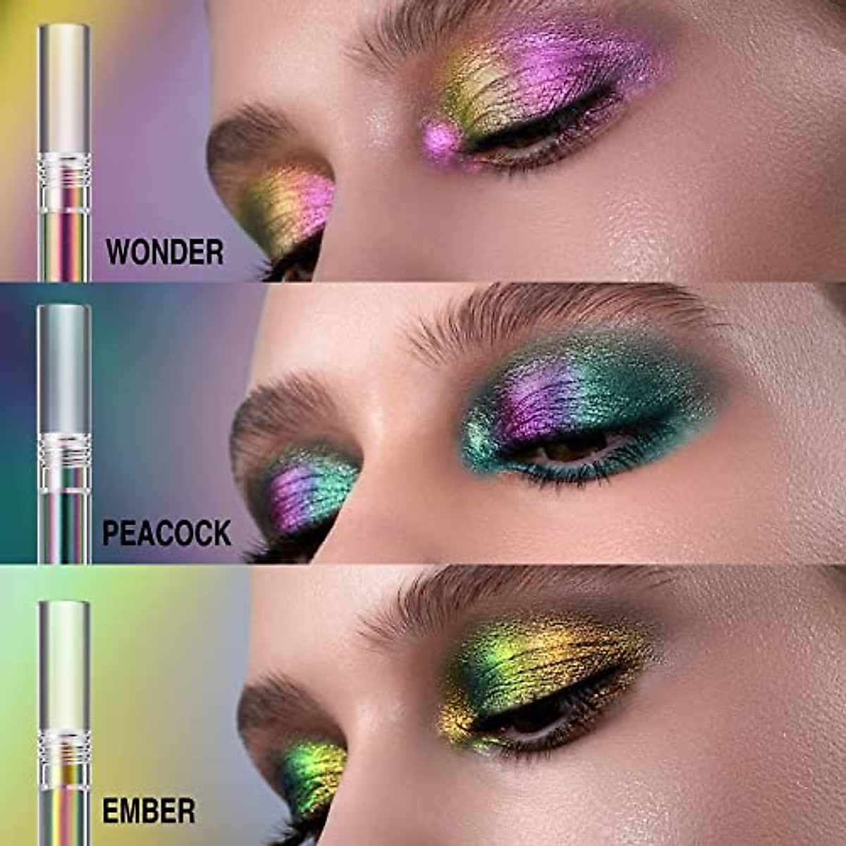 Jolilab Metallic Liquid Chameleon Eyeshadow, Multi-Dimensional Eye Looks, Long-lasting Holographic Glitter Multichrome Eyeshadows Makeup (#Peacock+Wonder+Ember)
