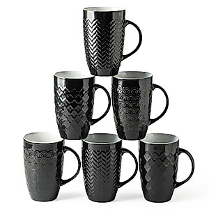 AmorArc Large Coffee Mugs Set of 6, 16oz Ceramic Tall Coffee Mugs Set with Textured Geometric Patterns for Coffee/Tea/Beer/Hot Cocoa, Dishwasher & Microwave Safe, Black