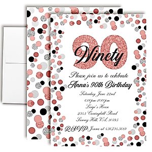 Amanda Creation Confetti Rose Gold Polka Dot 90th Birthday Party Invitations, 20 5x7 Fill-In Cards with Twenty White Envelopes