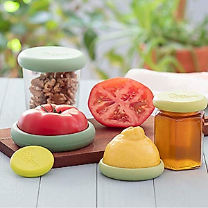 Food Huggers 5pc Reusable Silicone Food Savers | BPA Free & Dishwasher Safe | Fruit & Vegetable Produce Storage for Onion, Tomato, Lemon, Banana, Cans & More | Round, Sage Green
