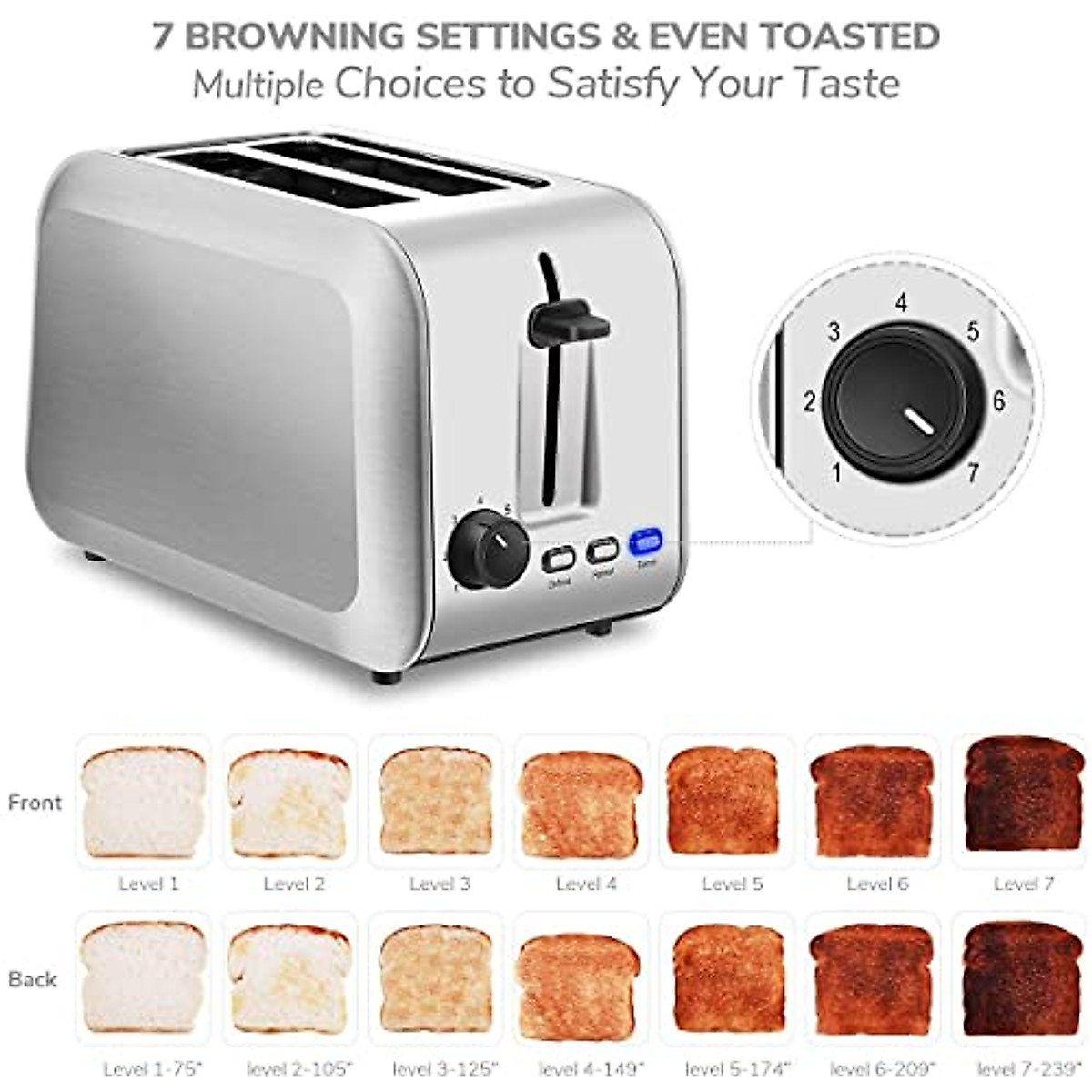 Toaster 2 Slice Wide Slot, CUSIBOX Stainless Steel Toaster Bread Toaster with Removable Crumb Tray, 7 Bread Browning Settings, REHEAT/DEFROST/CANCEL Function, 750W, ST013