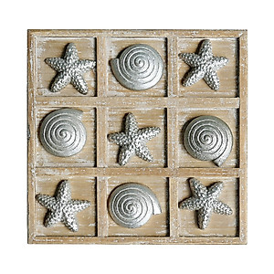 NIKKY HOME Wood Board Travel Game Beach Tic Tac Toe for Fun, Coastal Beach House Coffee Table Decor 8.93 x 8.93 x 1.26 inches - Silver
