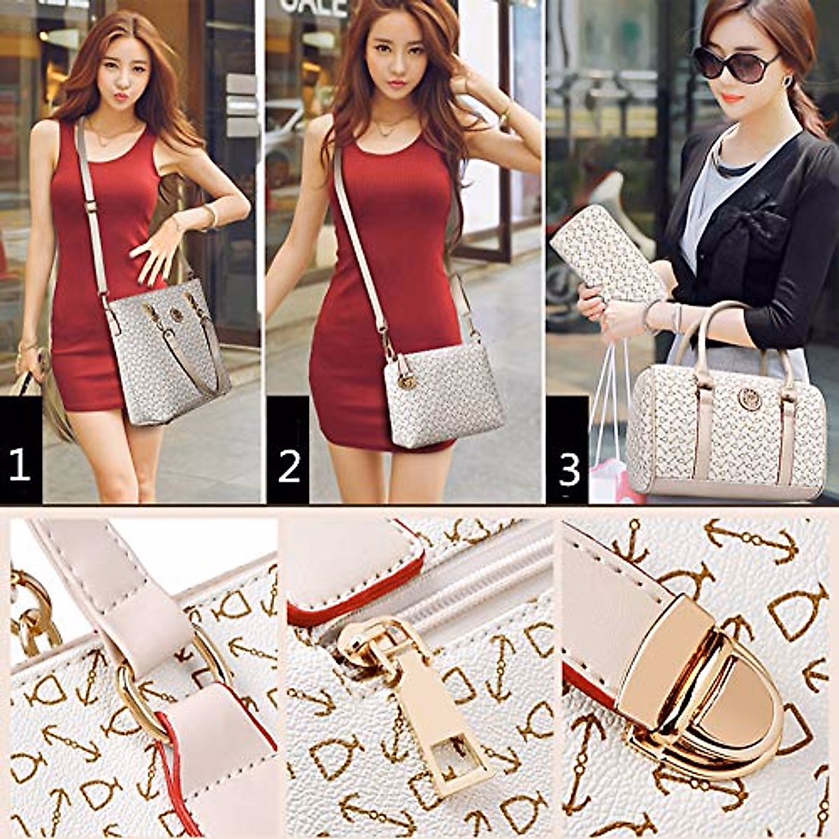 Women Handbags Set 6 PCS Tote Shoulder Crossbody Bags Clutch Top Handle Satchel Purse, Off-white, 1