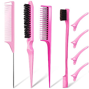 8 Pcs Teasing Brush Set Edge Brush Comb with Hair Clips Grooming Hair Styling Comb Teasing Dual Edges Hair Brush Triple Teasing Comb Sturdy Rat Tail Comb for Women Hair Stylists