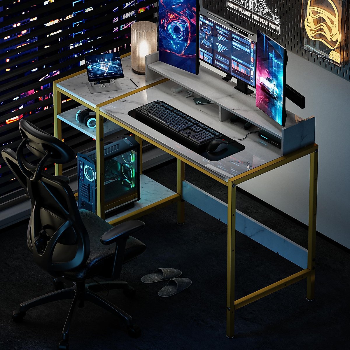 MINOSYS Gaming Desk with Monitor Stand, Storage and Marble Design - Adjustable Home Office Writing Desk