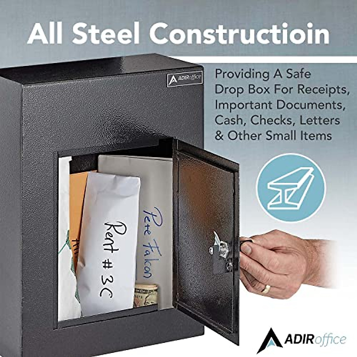 AdirOffice Through The Wall Drop Box Safe - Durable Thick Steel w/Adjustable Chute - Mail Vault for Home Office Hotel Apartment