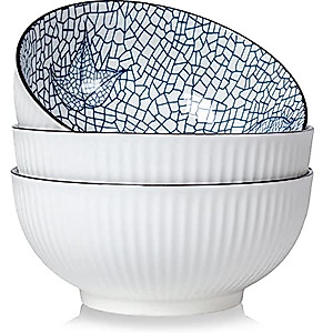 Houlu 60 oz Pho Bowls, Large Soup Bowl, Japanese Ramen Bowl Set, 8 inches Big Porcelain Bowls Set of 3, Leaf Patterns