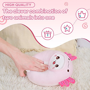 Mikchocho Cute Plush Axolotl Cat Stuffed Animal Pillow, 8" Soft Kawaii Kitten Plushie with Pink Axolotl Salamander Outfit Gift for Kids