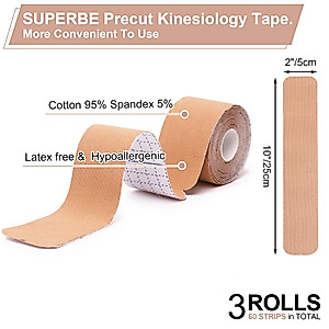 SUPERBE K Athletic Tape, Kinesiology Tape Precut - Premium Kinesthetic Tape for Muscles Knee Shoulder Elbow, 2 Inch x 16.5 feet (3 Rolls Pack)