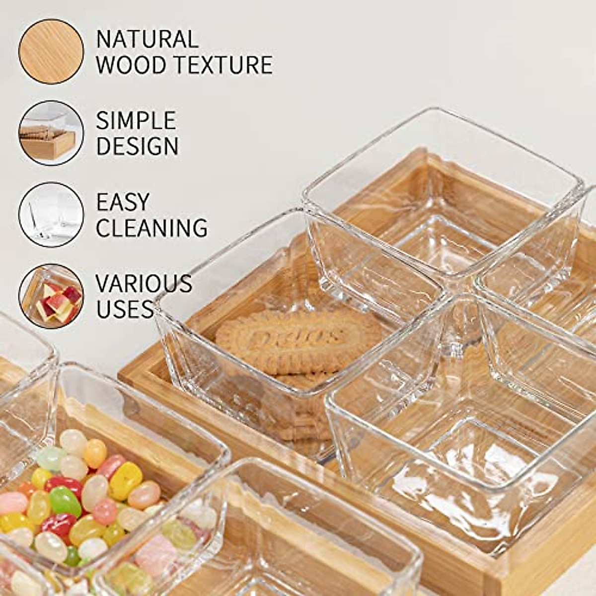GOODSDECO Glass Serving Dishes with Wood Serving Tray, Divided Serving Platters with Wood Tray, Glass Bowl and Platters for Parties (2pcs)