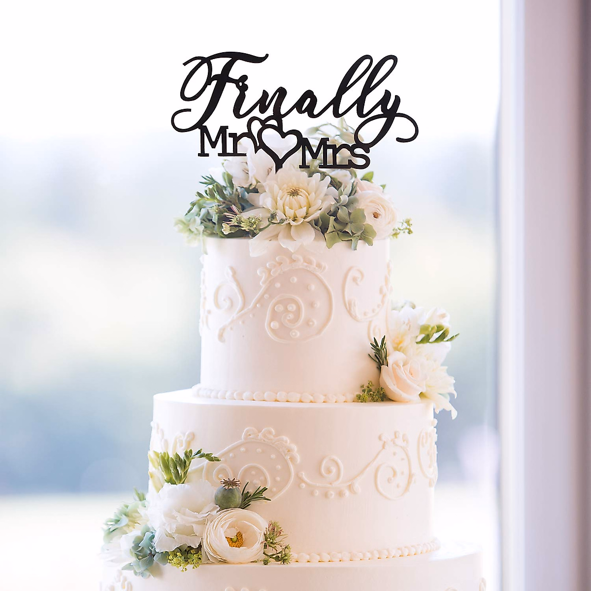 Finally Mr Mrs Love Heart Black Acrylic Cake Topper - Great for Wedding Engagement Bridal Shower Party Decoration Gift Keepsake - 5.9'' x 6.1''(Black)