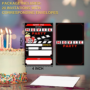 YQV Movie Night Birthday Invitations, 20-Count Birthday Party Invitations With Envelopes, Movie Ticket Style Birthday Party Decorations And Supplies-HBYQK-A15