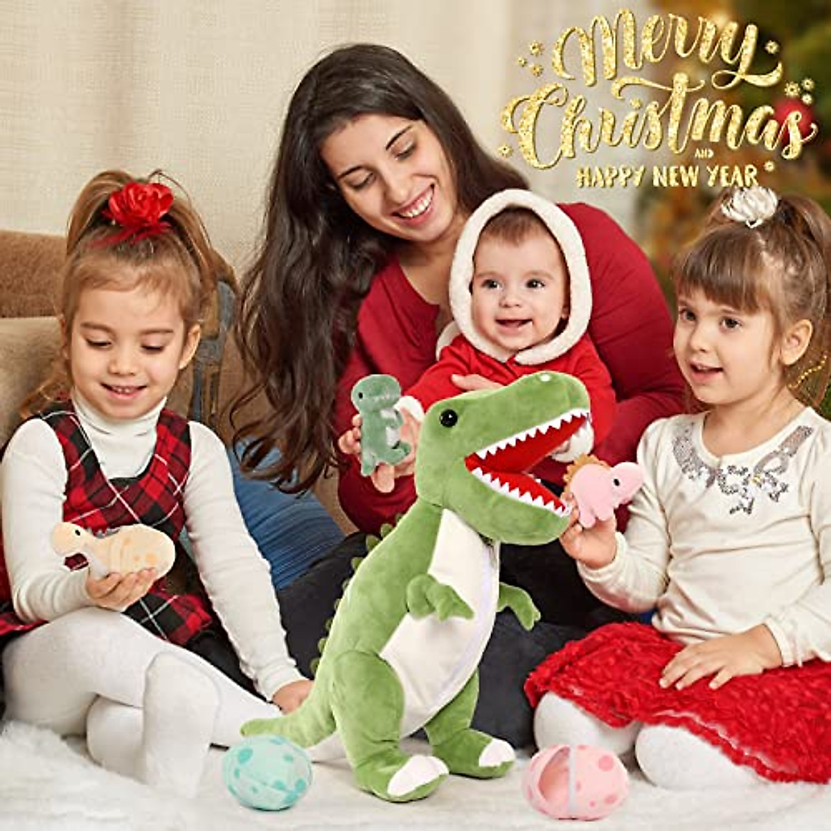 MorisMos Dinosaur Stuffed Animal with Babies,23.6'' Big T-Rex Mommy Stuffed Dinosaur with 3 Baby Dinosaur Plush Toys, 3 Dinos Eggs,Boy Girl Dinosaur Toys for Kid Birthday Christmas,Green T-rex Toys