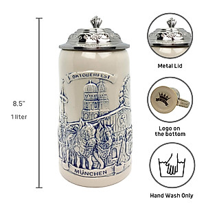 1 Liter | OktoberfestHaus Oktoberfest Mugs Engraved Beer Stein German Raised Relief Munich Festival Scene Stoneware Beer Mug Tankard With Lid