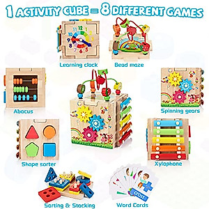 Bravmate Wooden Activity Cube | 8-in-1 Montessori Toys for 12M+ Toddlers, One Year Old First Birthday Gift, Baby Toy Set with Bonus Sorting & Stacking Board