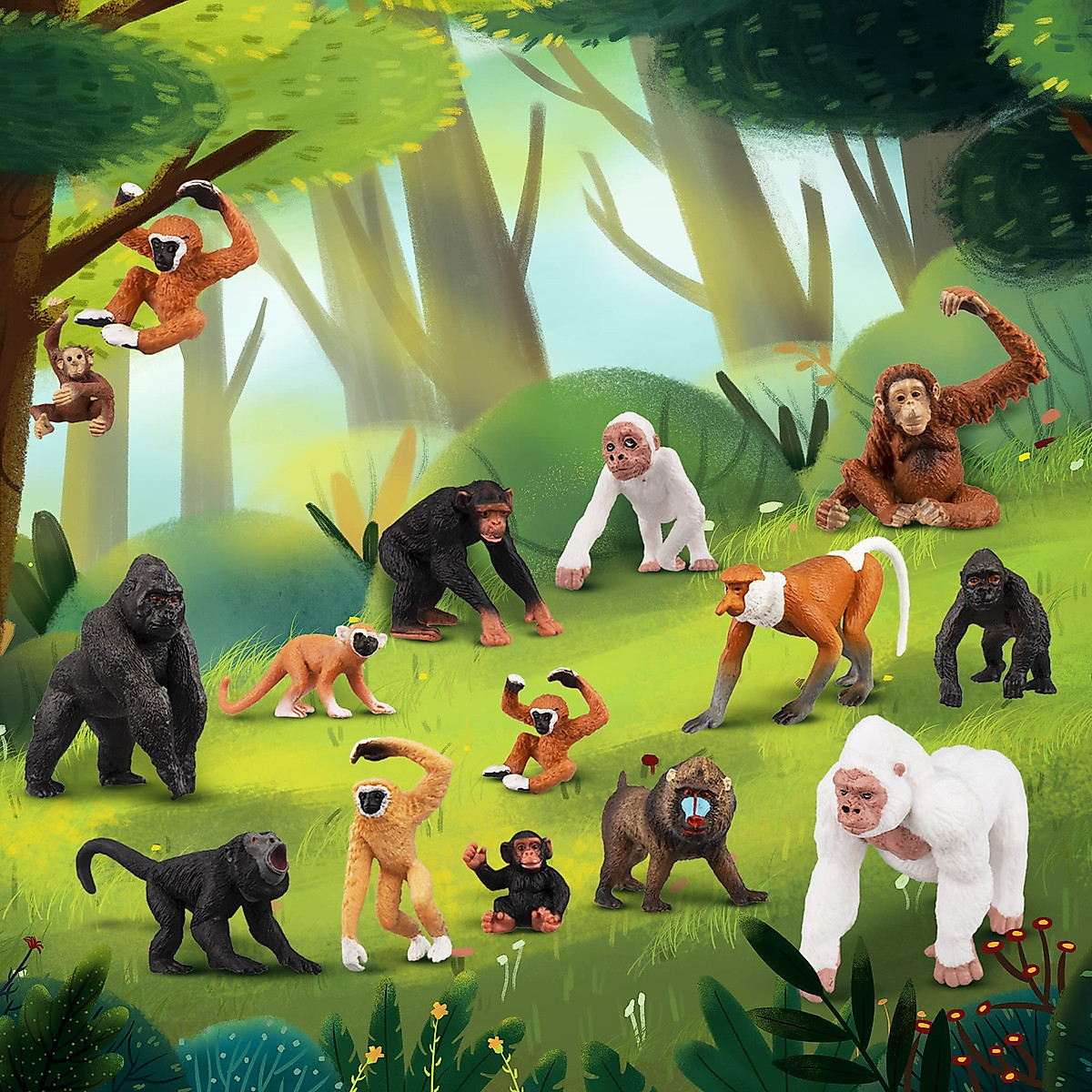 Toymany 14PCS Monkeys Gorillas Figurines Playset, Plastic Jungle Animals Monkey Toy Set Included Chimpanzee Mandrill Gibbons, Cake Toppers Christmas Birthday for Kids Todllers