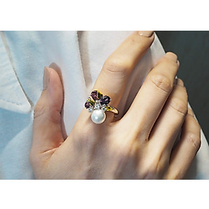 Anthia Jewelry Womens Sterling Silver High Shine Sparky Cubic Zirconia Multi Gemstone White Imitation Pearl Comfy Fit Floral Flower Fashion Jewelry Accessory Cute Band Ring, Purple & Pink, Size 7