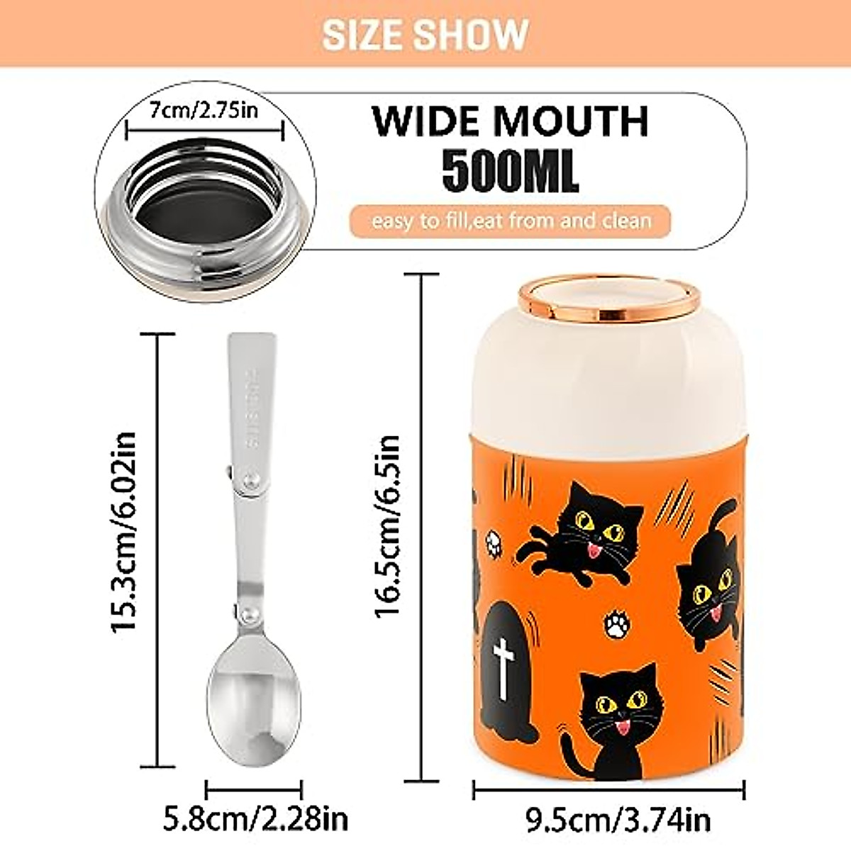 CUPADA Black Cat Footprints Food Jar, Kitten Cartoon Lovely Insulated Hot Food Jars Vacuum 17OZ with Folding Spoon for Work Trip Picnic Camping