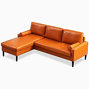 BALUS Faux Leather Sofa Couch | L Shaped Mid-Century Couch with Bolster Pillows | Chaise Lounge Indoor | Cognac Tan Sectional Furniture for Living Room Apartment