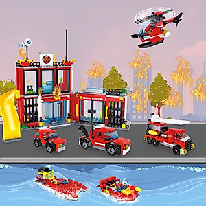 City Rescue Car Building Blocks Toy, Roleplay Parent-Child Set, Firefighter Kit with Fire Truck, Life Boat, Helicopter, Fire Extinguisher Educational Toys Thanksgiving Gift for Kid 6+ (Fire Station)