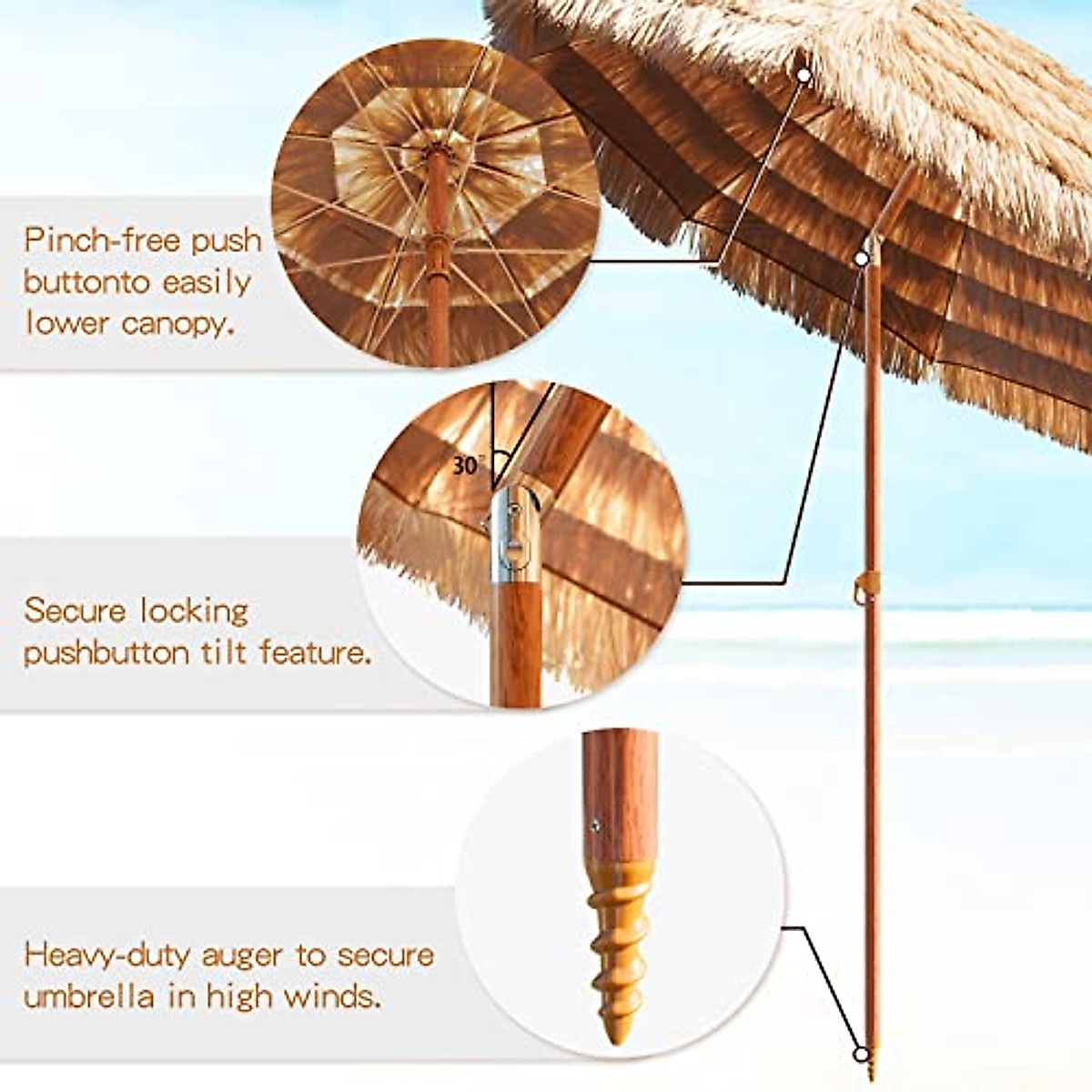FULLSUN PARASOL Tiki Thatched Beach Umbrella, 7.5ft Large Heavy Duty Wind Portable Hawaiian Hula Umbrellas with Sand Anchor, UV 50+ Protect for Tiki Bar Outdoor Pool Patio Garden