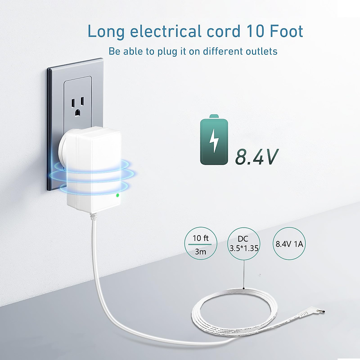 Rollerhouse 8.4V 1A Li-ion Battery Charger Power Adapter for 7.2V,7.4V 8.4V Device, with LED Indicator 3.5x1.35mm Male Plug Connector, L=118", White