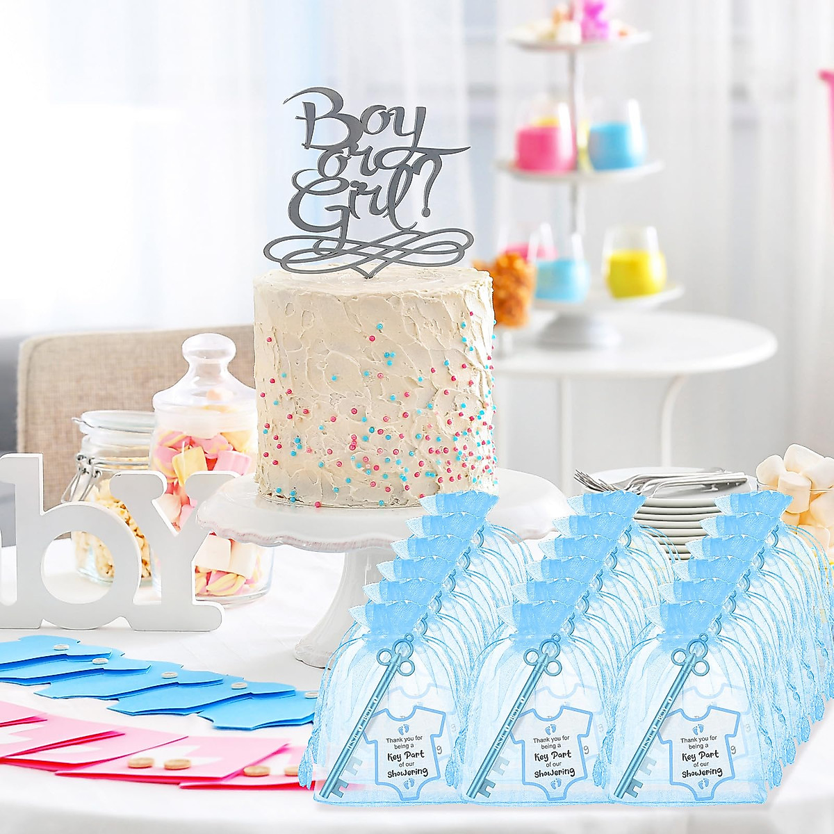 Geyoga 50 Sets Baby Shower Party Favors 50 Fancy Key Shape Pens It's a Girl/ Boy Key Gel Ink Pens 50 Thank You Cards Small Gift Cards 50 Organza Bags for Guests Gender Reveal Party Favors(Blue,Boy)
