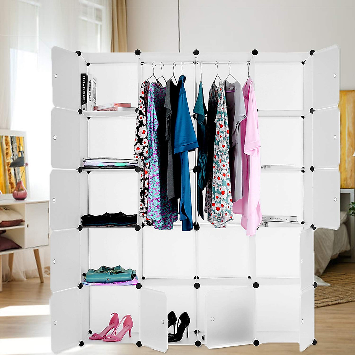 Devo Portable Wardrobe for Hanging Clothes, Cube Storage Organizer, DIY Closet Clothes Plastic Wardrobe for Space Saving (20 Cubes) with Hammer (White)