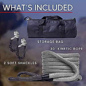 Terruva 1” x 30ft Kinetic Recovery Rope Kit - Recovery Rope - Kinetic Rope - Kinetic Tow Rope - Kinetic Rope Recovery - Perfect for ATV SUV UTV - Includes 2 Soft Shackles & Storage Bag
