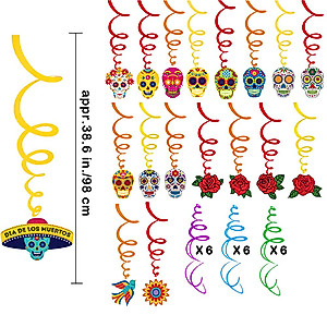 Supla 32 Pcs Day of The Dead Hanging Swirl Decorations Mexican Party Swirls Streamers Hanging Ceiling Décor with Assorted Sugar Skull Rose Bird Flower Cutouts for Día de Los Muertos Halloween Party