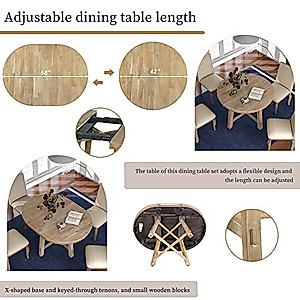 P PURLOVE 5 Pieces Dining Table Set Round Kitchen Extendable Dining Table with 4 Upholstered Chairs for Dining Room, Chair with Nail Head Trim, Bistro Table Set, Natural Wood Wash