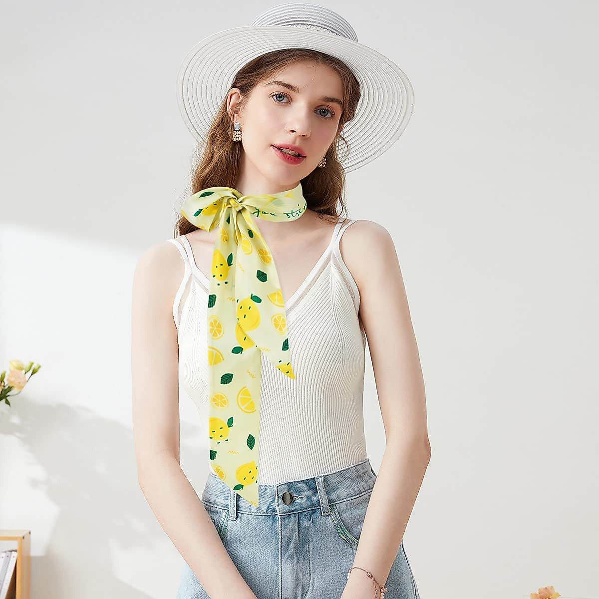 GERINLY Lemon Print Neck Choker Scarf Korea Style Ponytail Scarf for Beach Fresh Handbag Bow Accessory
