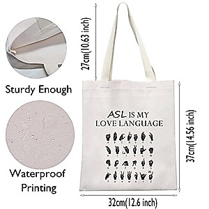 VAMSII ASL Tote Bag Sign Language Teacher Gift ASL Interpreter Deaf Gifts Casual Tote Shopping Handbag Bag ASL Gifts (ASL Tote Bag)