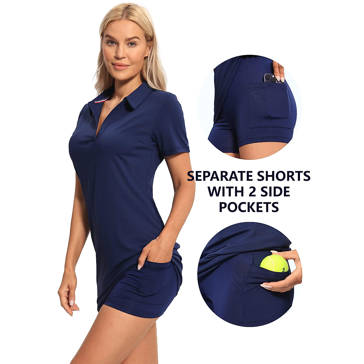 Hiverlay Golf Dresses for Women with Shorts and Pockets, V-Neck Short Sleeve Tennis Dress, Workout Athletic Dresses Navy Large