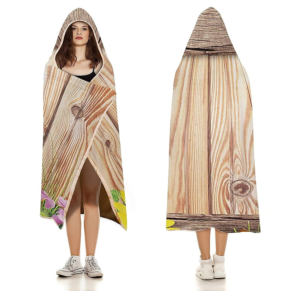 Warm Blanket, Wooden Wearable Hooded Blanket for Adults, Fence Garden Yard Summer Spring Daisy Flowers, Soft Warm Cozy, 60 x 80inches, Studying Reading Snuggling Napping Office, Brown Green Yellow