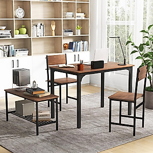 Giantex Dining Table Set for 4, Kitchen Table with Bench and Chairs, Industrial Gathering Bench Dining Set W/Metal Frame & Storage Rack, Dinette Set, Modern Functional Desk Set (Brown)