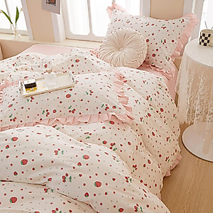 EAVD Kawaii Strawberry Duvet Cover Twin Girls Soft 100% Cotton Cute Ruffle Strawberry Bedding Set with 2 Pillowcases Chic Romantic Strawberry Print Ruffled Comforter Cover with Zipper Closure